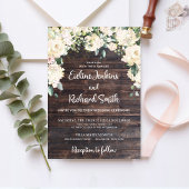 Elegant rustic wood white roses greenery wedding invitation | Zazzle