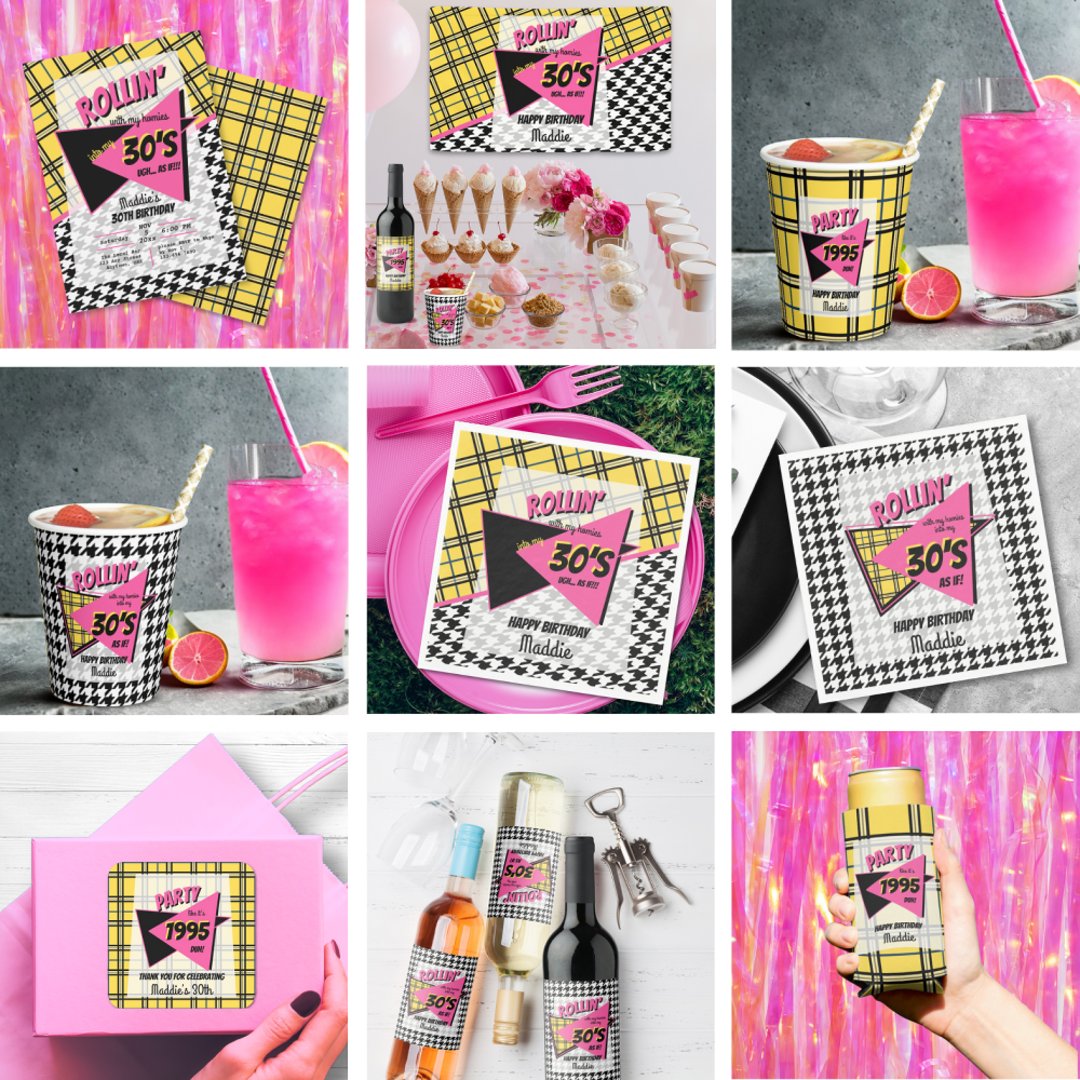 ANY AGE 90s retro plaid houndstooth As If birthday Invitation | Zazzle