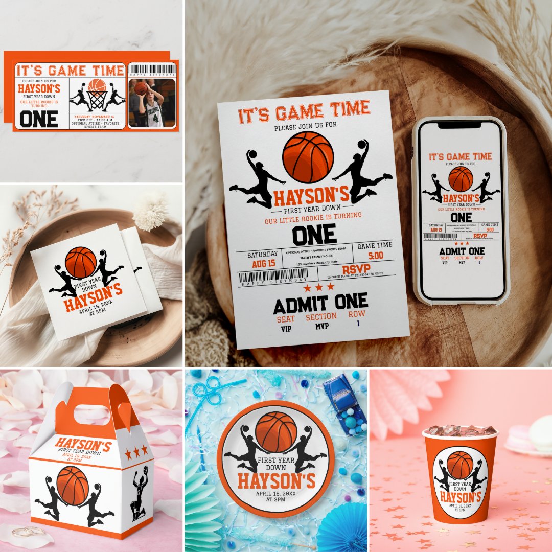 First Year Down Basketball 1st Birthday Party Invitation | Zazzle