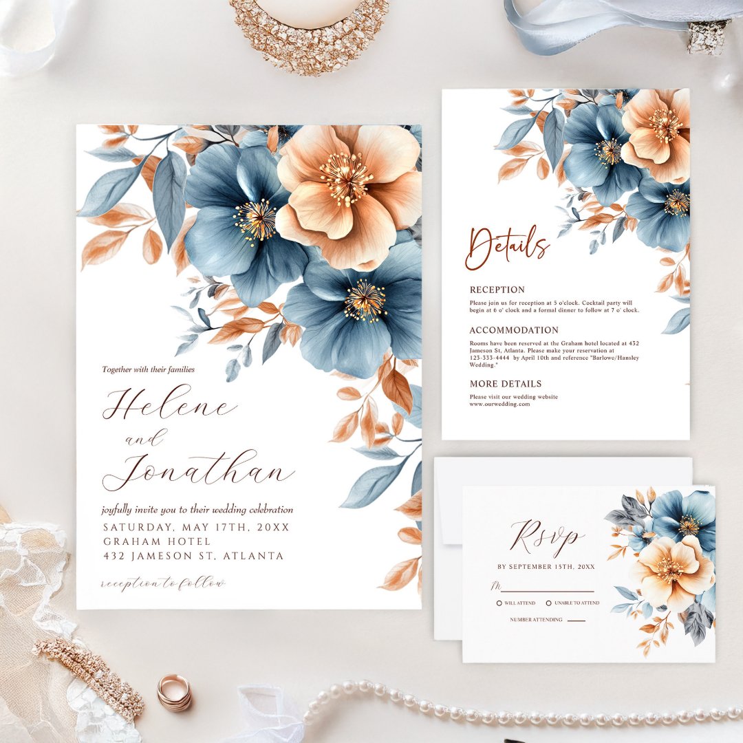 Elegant Watercolor Dusty Blue Terracotta Wedding Invitation | Zazzle