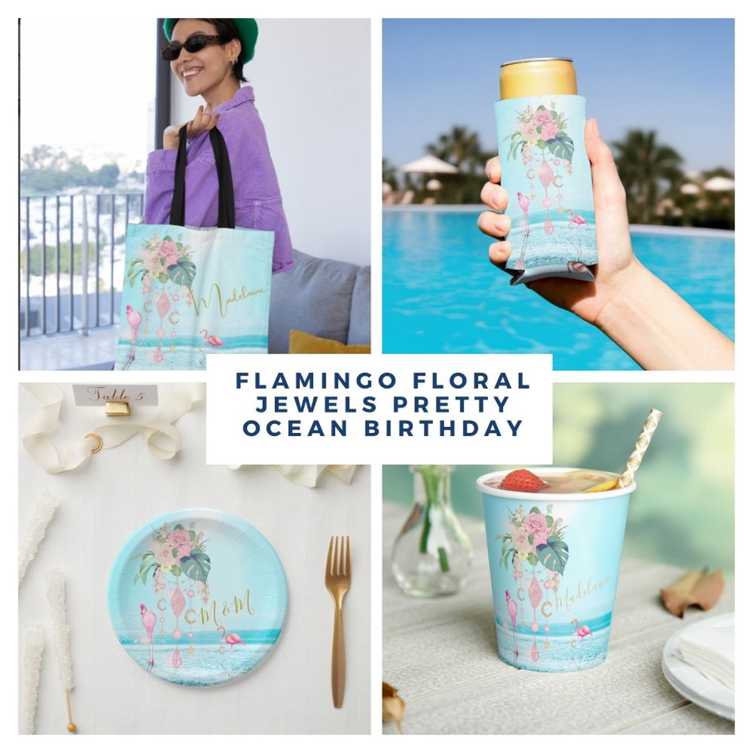 Ocean Sea Flamingo Floral Jewels Pink Seltzer Can Cooler | Zazzle