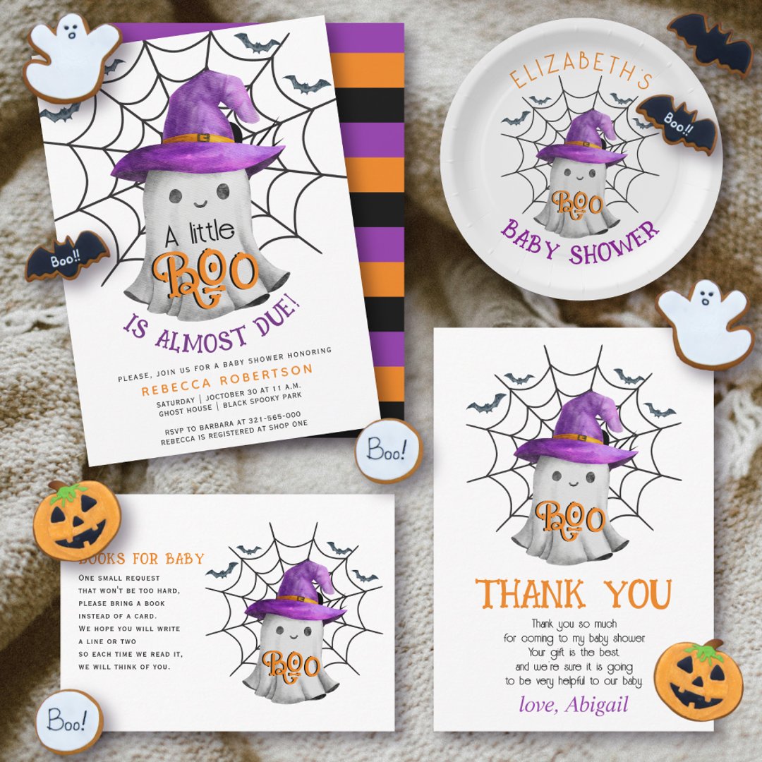Little BOO ghost and web Halloween baby shower Invitation | Zazzle