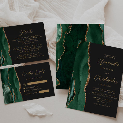 Chic Emerald Green Gold Agate Script Dark Wedding Invitation | Zazzle