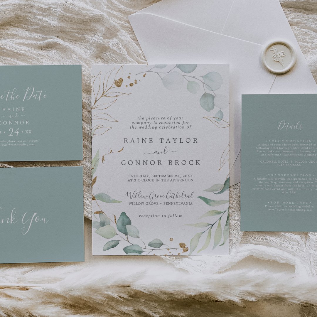 Airy Greenery and Gold Leaf Wedding Guest Book | Zazzle