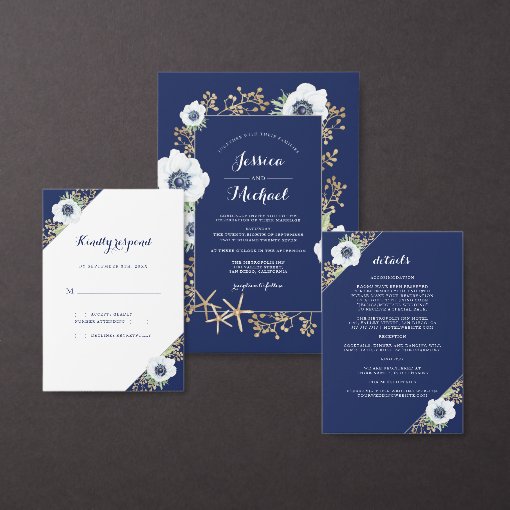 Monogram Elegant Anemone Flower Navy Blue Wedding Invitation | Zazzle