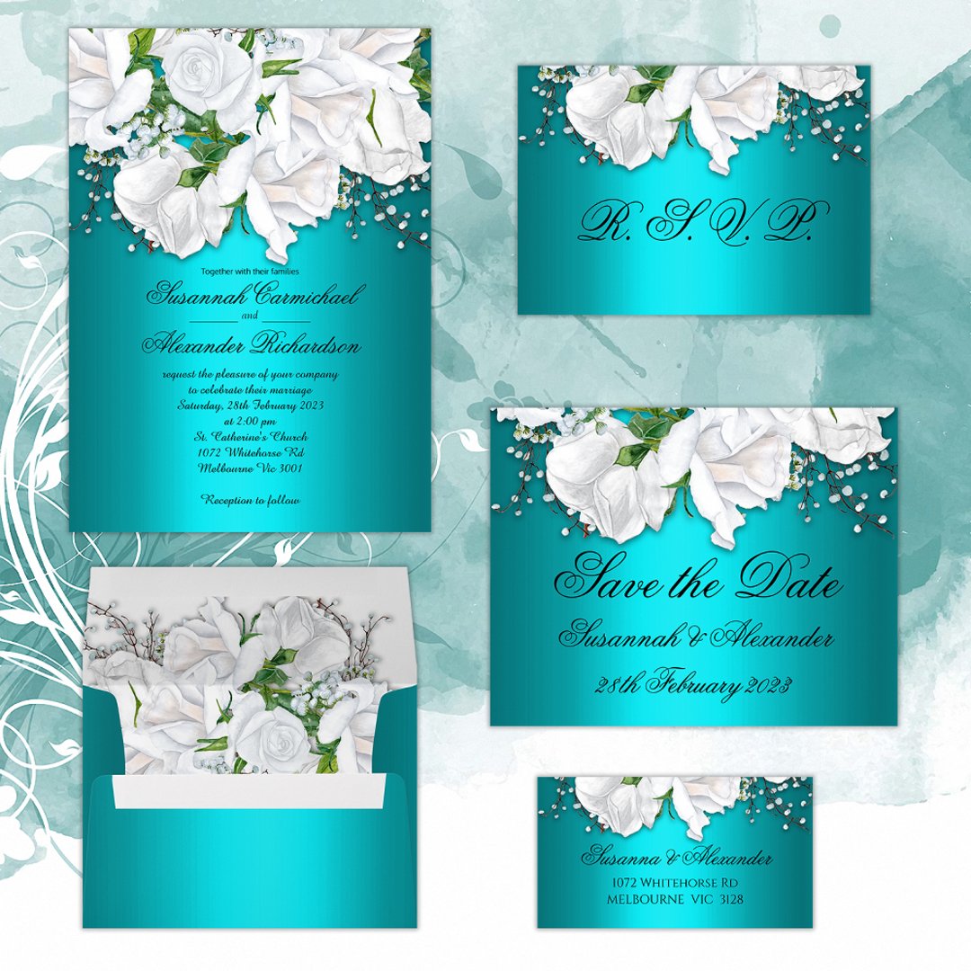 White Roses and Aqua Wedding Invitation | Zazzle