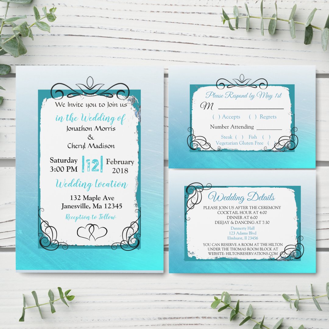 Aqua Blue Gradient Black Script Wedding Invitation | Zazzle