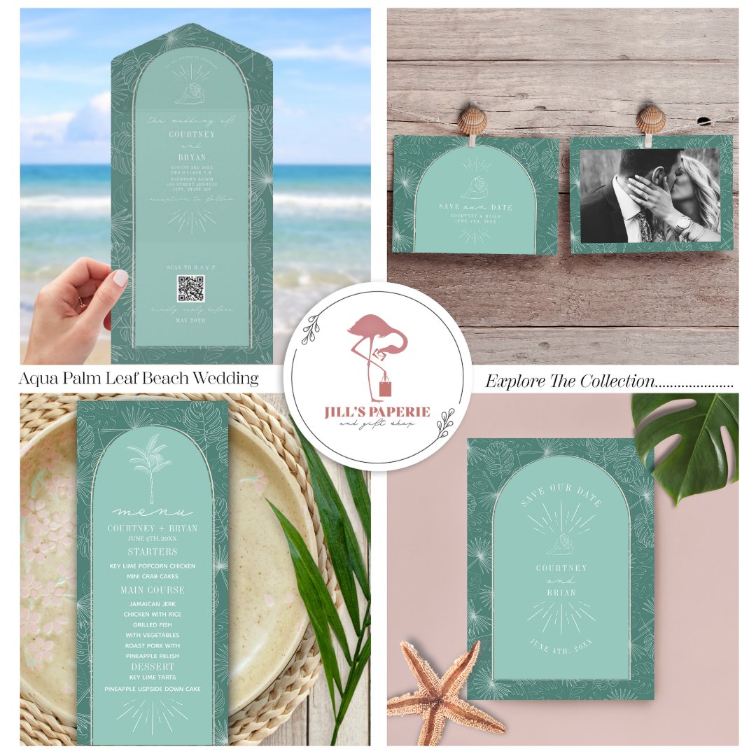 Seashell Palm Aqua Beach Wedding QR Code RSVP All In One Invitation ...