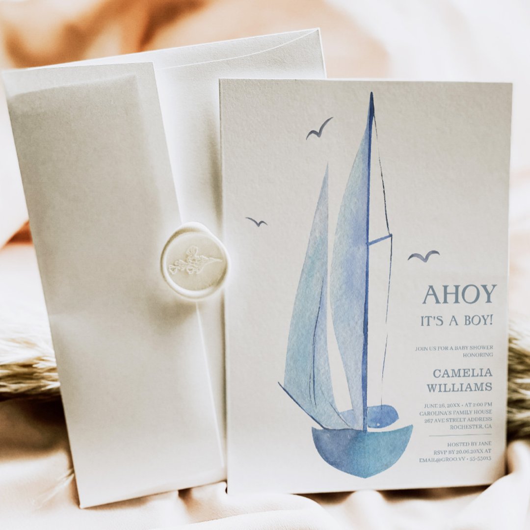 Minimal Aquarelle Sailboat Baby Shower Ahoy Boy's Invitation | Zazzle