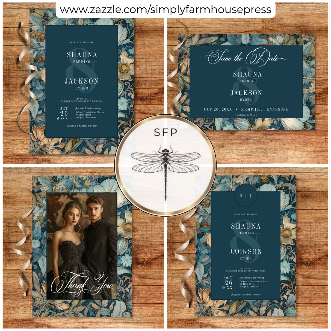 Art Nouveau Teal William Morris Floral Wedding Invitation | Zazzle