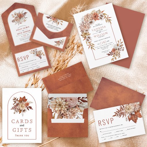 Arch with autumn flowers and leaves fall wedding all in one invitation ...