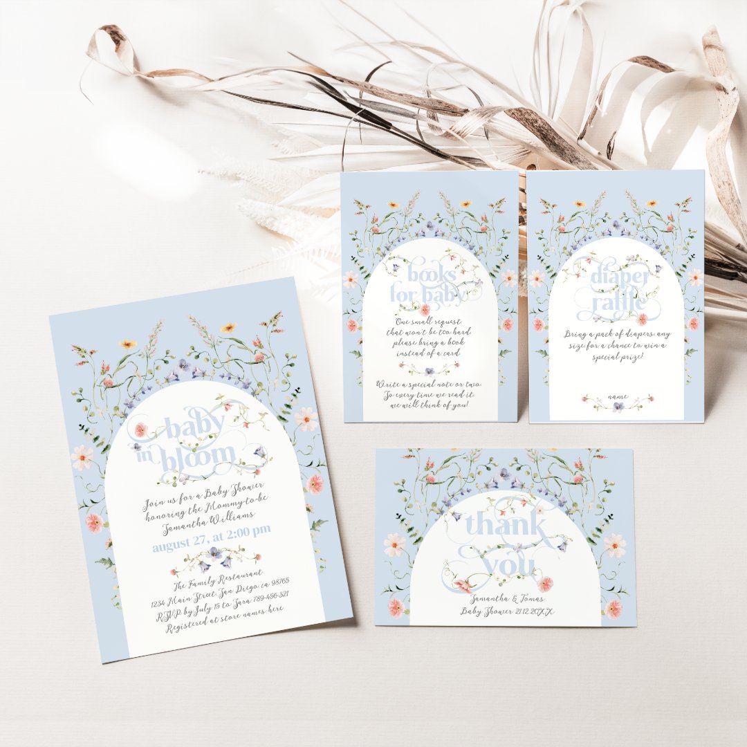 Baby in Bloom Wildflower Blue Boy Baby Shower Invitation | Zazzle
