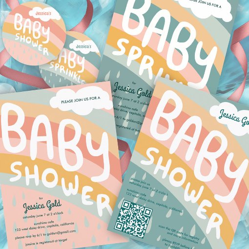BABY SPRINKLE Cute Clouds Rainbow Rain Custom Invitation | Zazzle