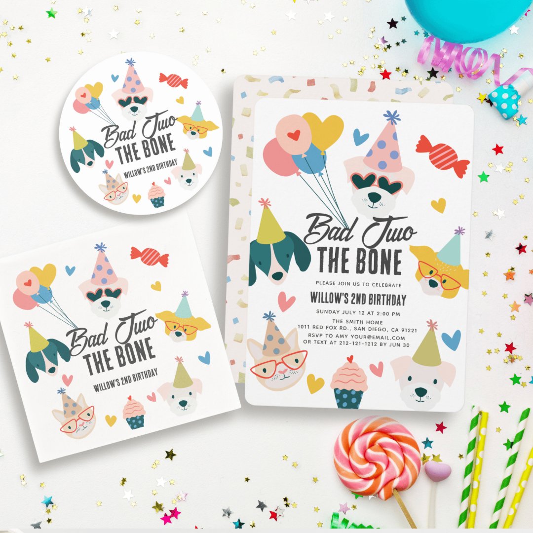 Bad Two the Bone Dogs & Cat Balloons 2nd Birthday Invitation | Zazzle