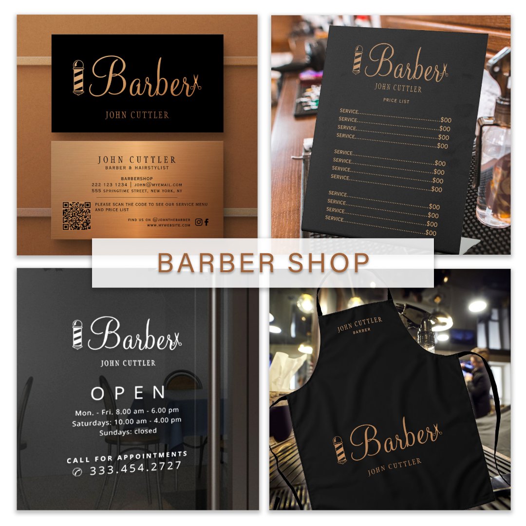 QR CODE barbershop black gold barber pole scissors Business Card | Zazzle