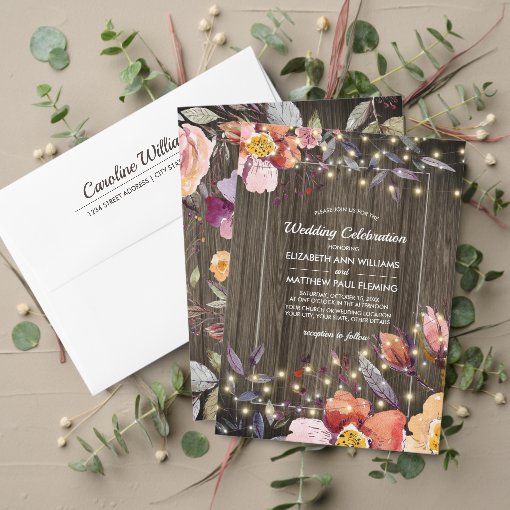 Barn Wood | Fall Flowers | Light Strings Wedding Invitation | Zazzle