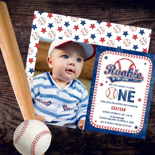 Baseball Rookie Back Photo 1st Birthday Party Invitation | Zazzle