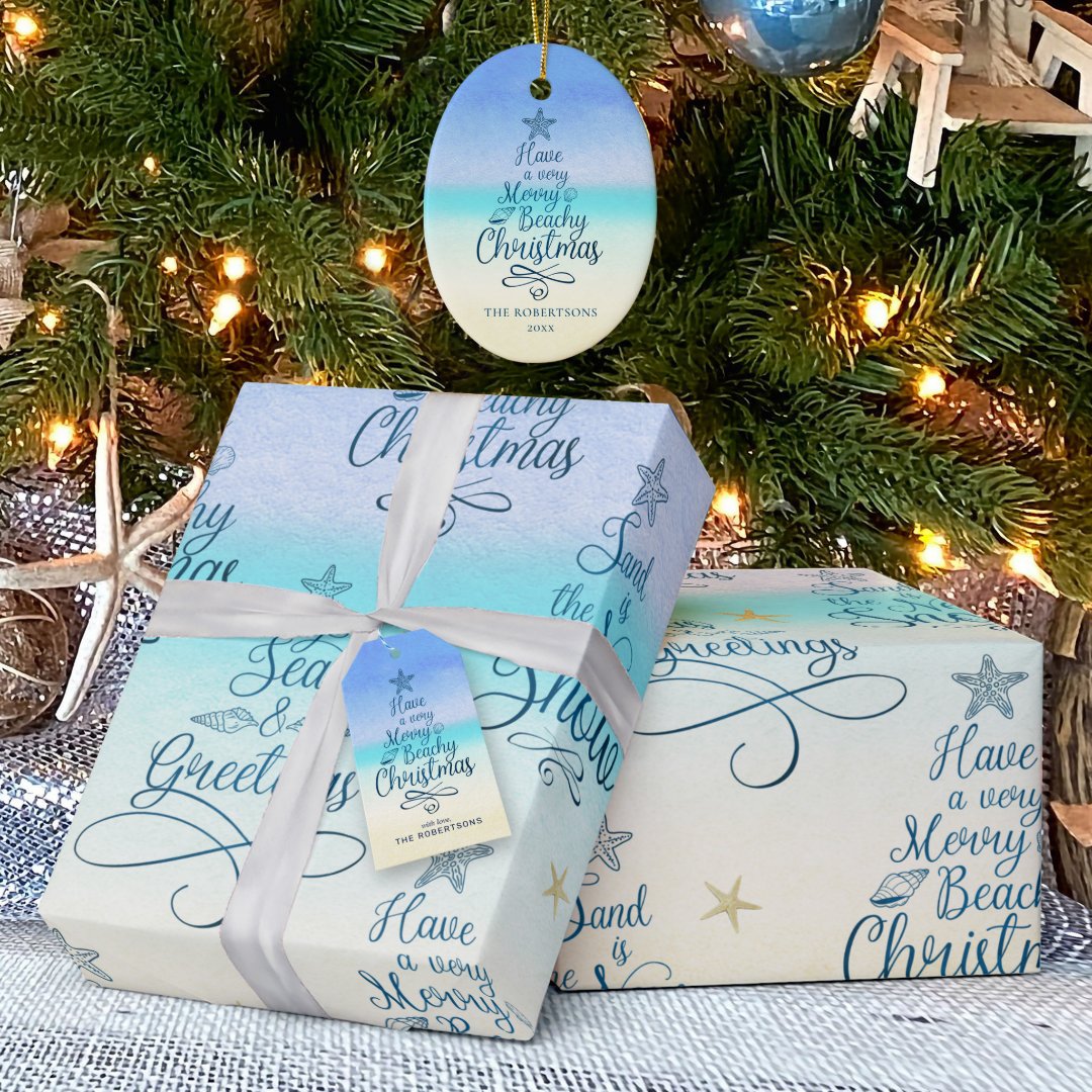 Coastal Christmas Beach Holiday Sayings Wrapping Paper Sheets | Zazzle
