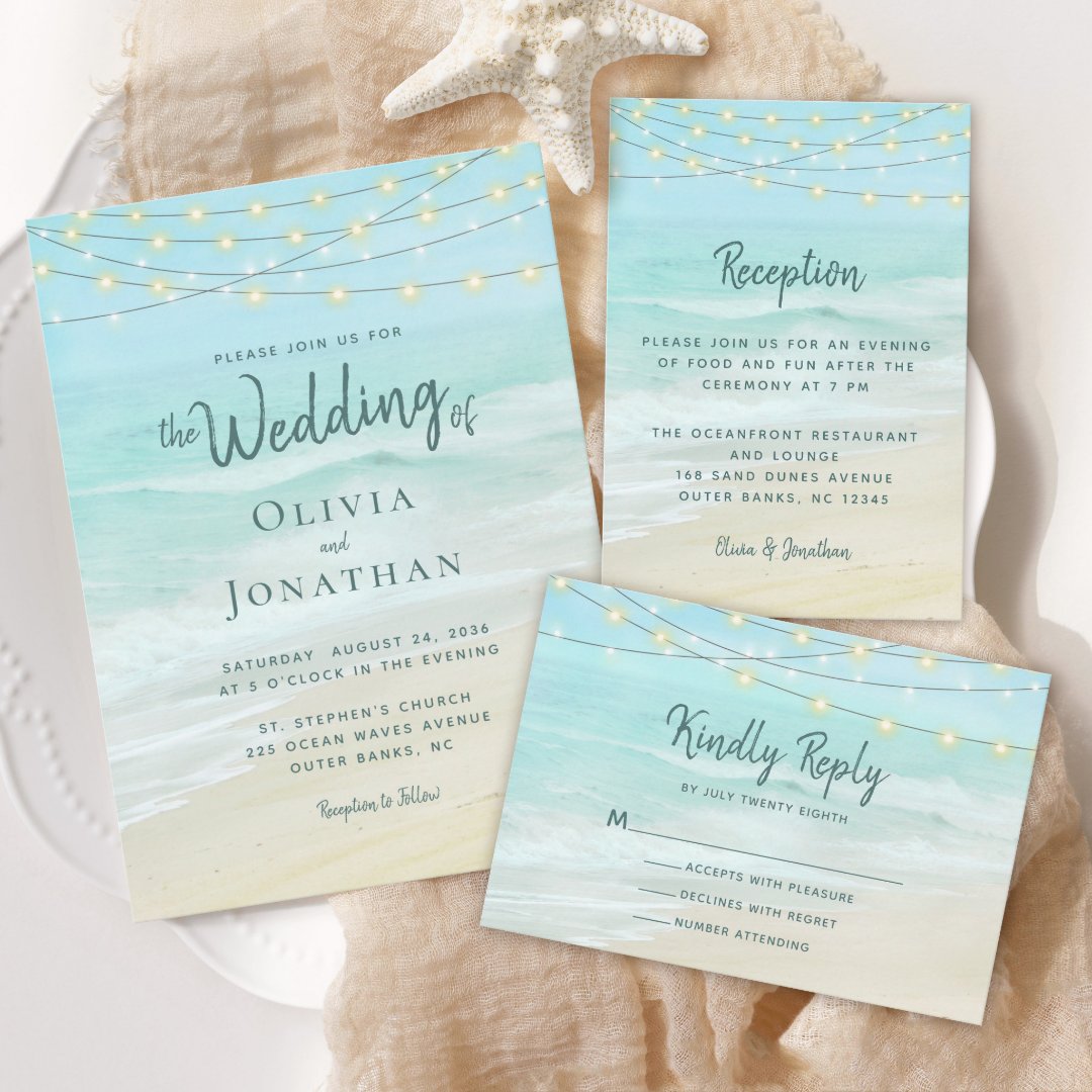 Beach Ocean String Lights Wedding Invitation | Zazzle