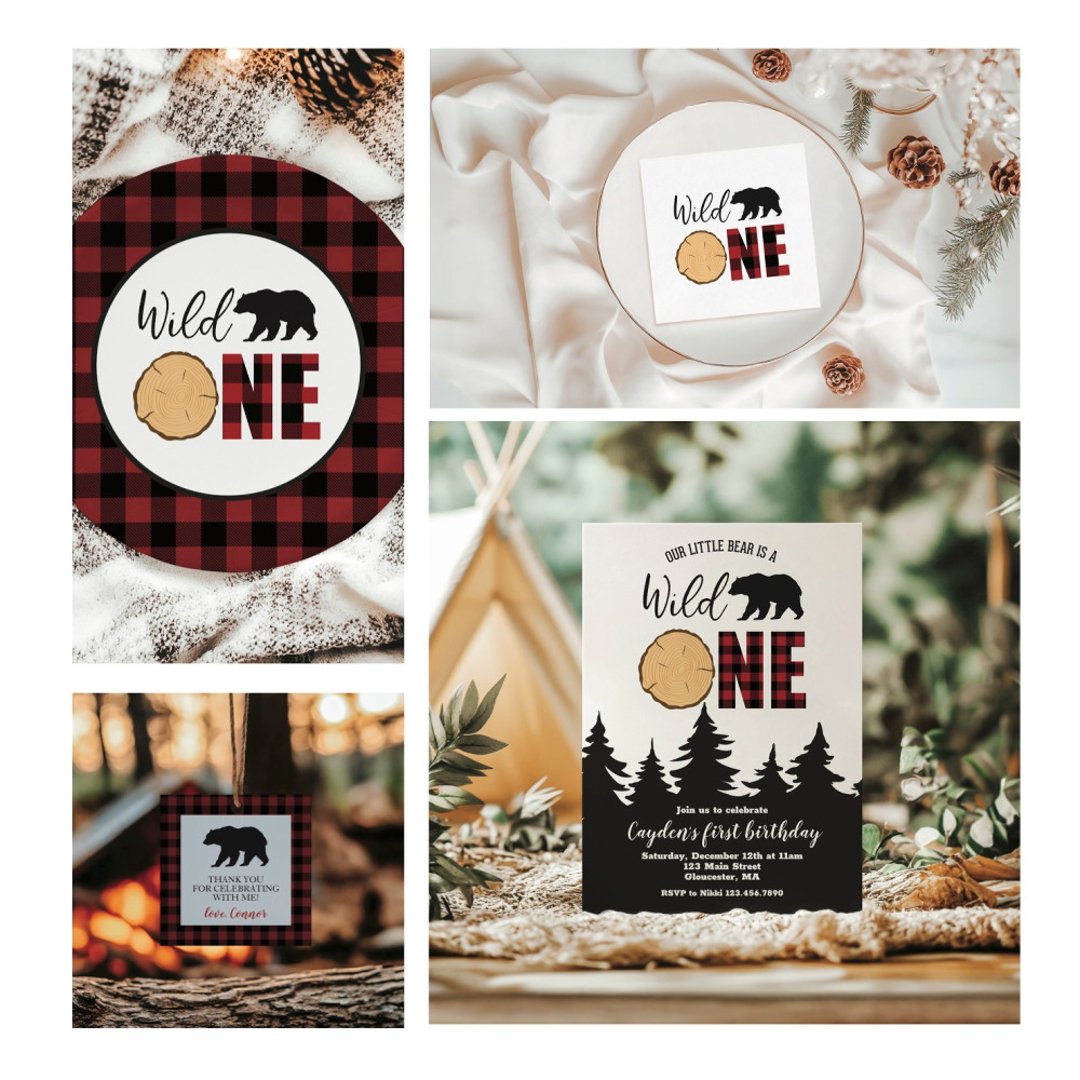 Wild One Bear Buffalo Plaid First Birthday Invitation | Zazzle