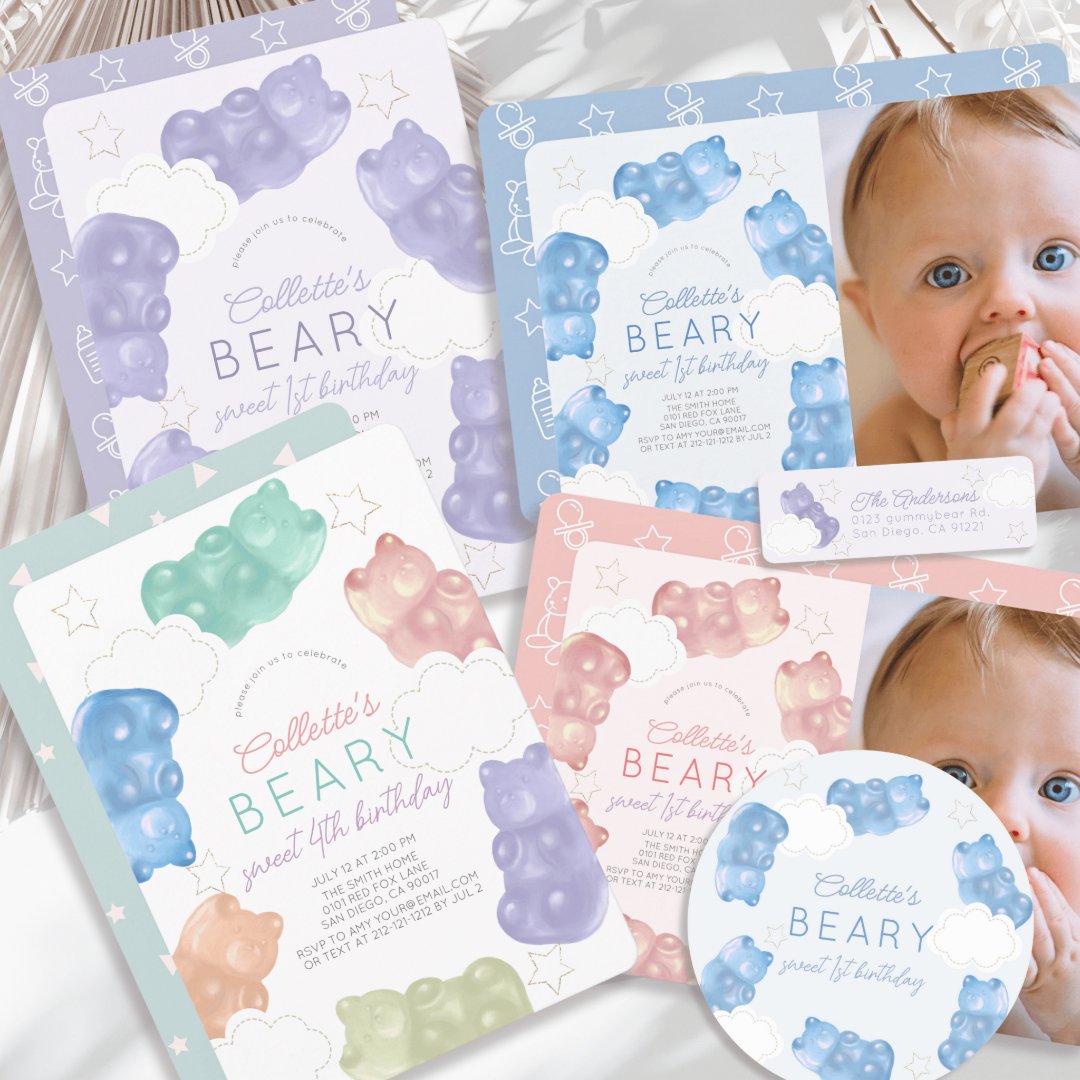 Beary Sweet Pastel Gummy Bear Girl Birthday Invitation | Zazzle
