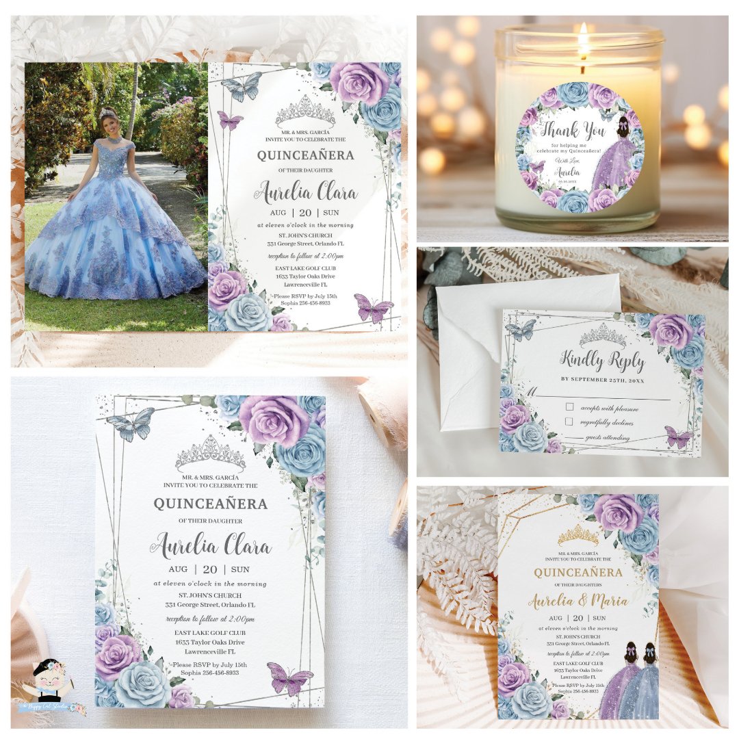 Quinceañera Baby Blue Lilac Purple Floral Twins Invitation | Zazzle