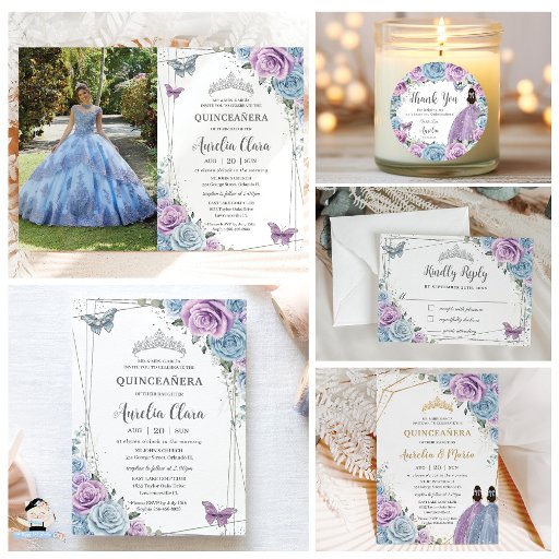 Quinceanera Baby Blue Purple Lilac Floral Silver Invitation | Zazzle