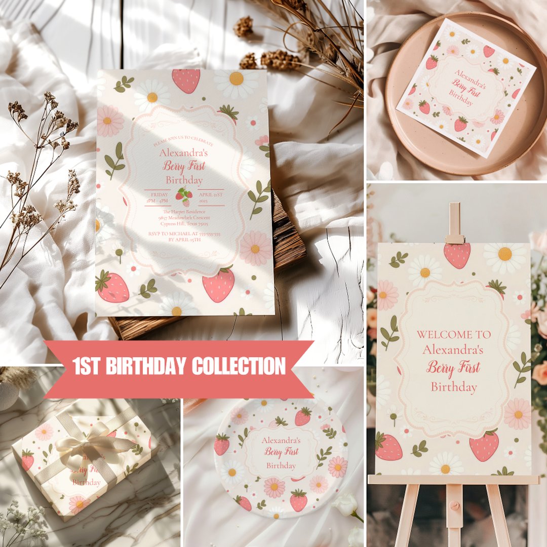 Berry First | Cute Strawberry Girl 1st Birthday Invitation | Zazzle