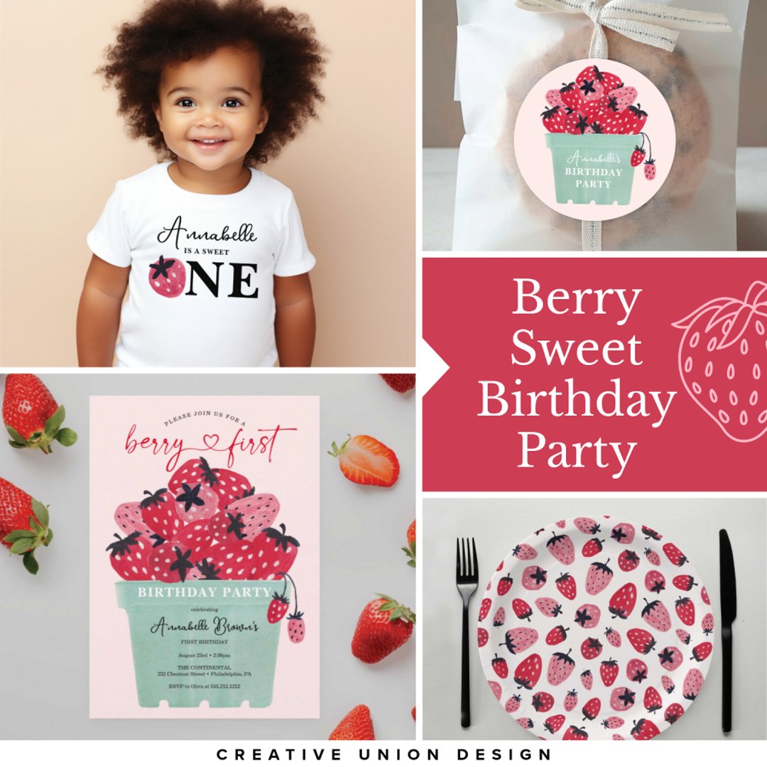 Berry First Birthday Party with Photo Strawberry Invitation | Zazzle