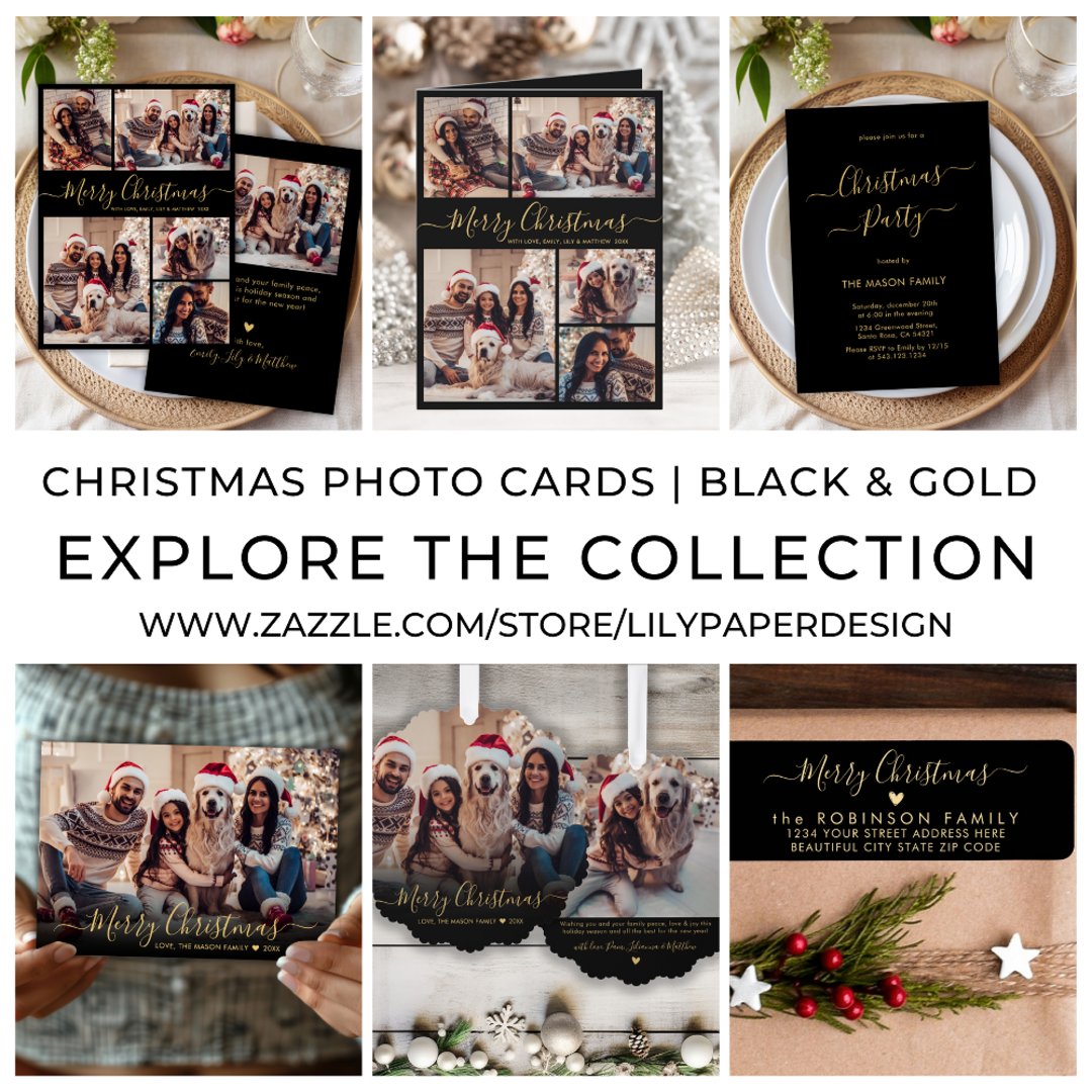 Elegant Black Gold 5 Photo Collage Christmas Holiday Card | Zazzle