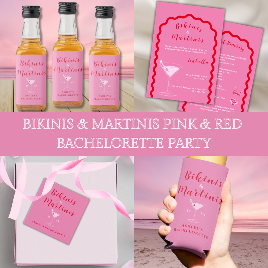 Bikinis And Martinis Pink & Red Bachelorette Party Square Sticker | Zazzle