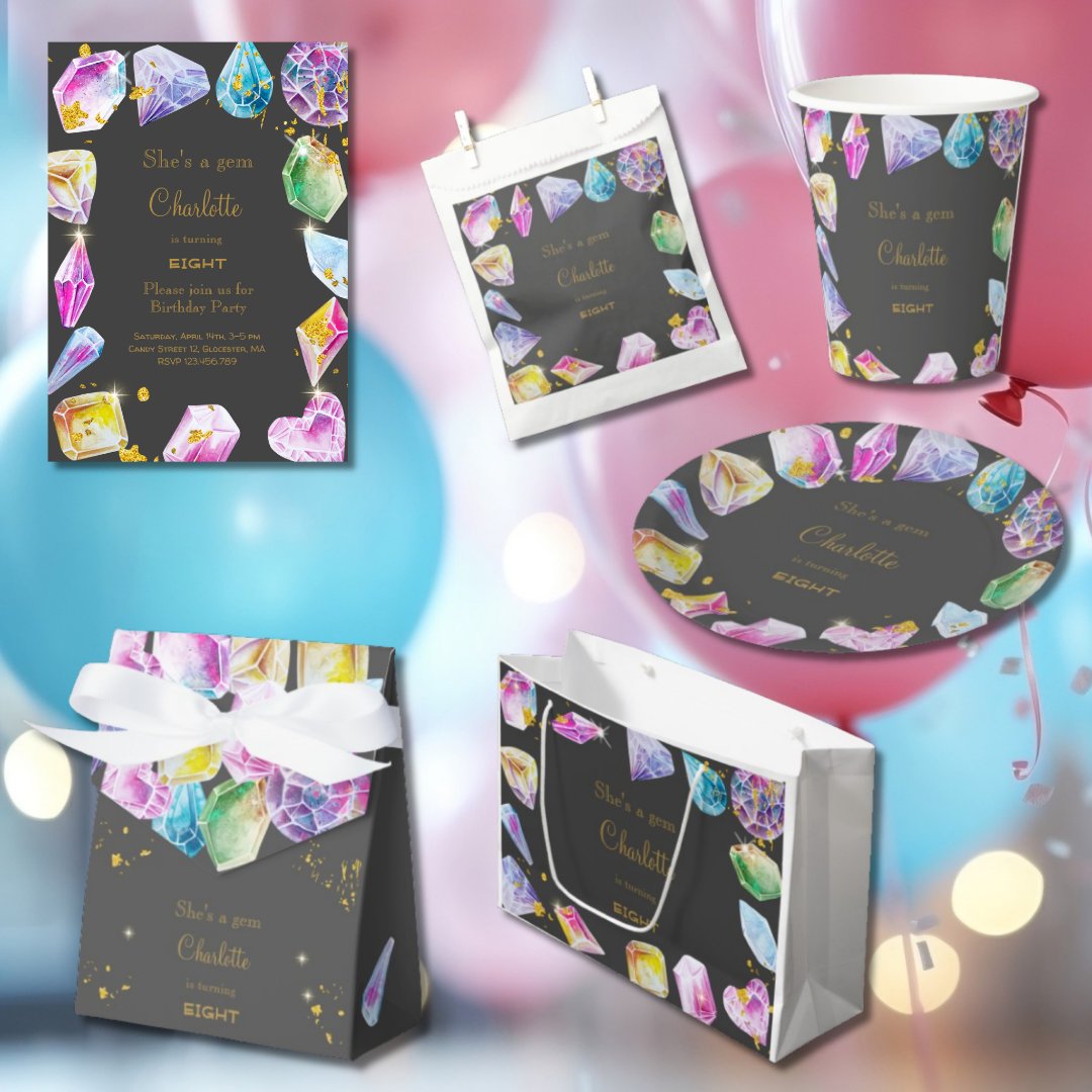 Birthday Gem Party Crystals Girl's watercolor Invitation | Zazzle