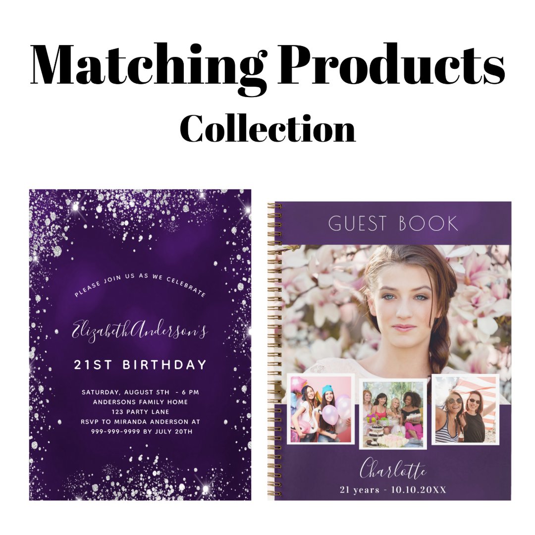 Guest book birthday purple silver glitter dust | Zazzle