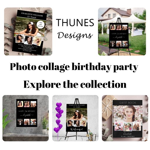 Birthday party black white photo collage invitation | Zazzle