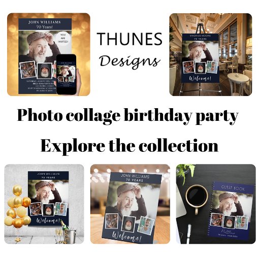 Birthday party navy blue photo collage invitation | Zazzle