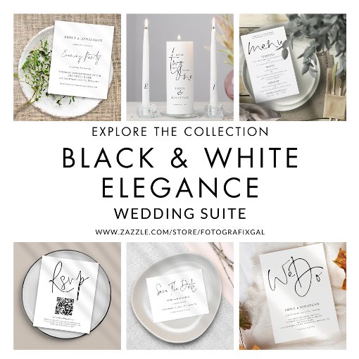 3 Photos Script Line Border QR Black White Wedding Invitation | Zazzle