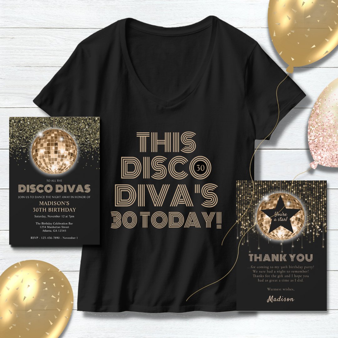 Black Gold Glitter 30th Birthday Disco Party Invitation | Zazzle