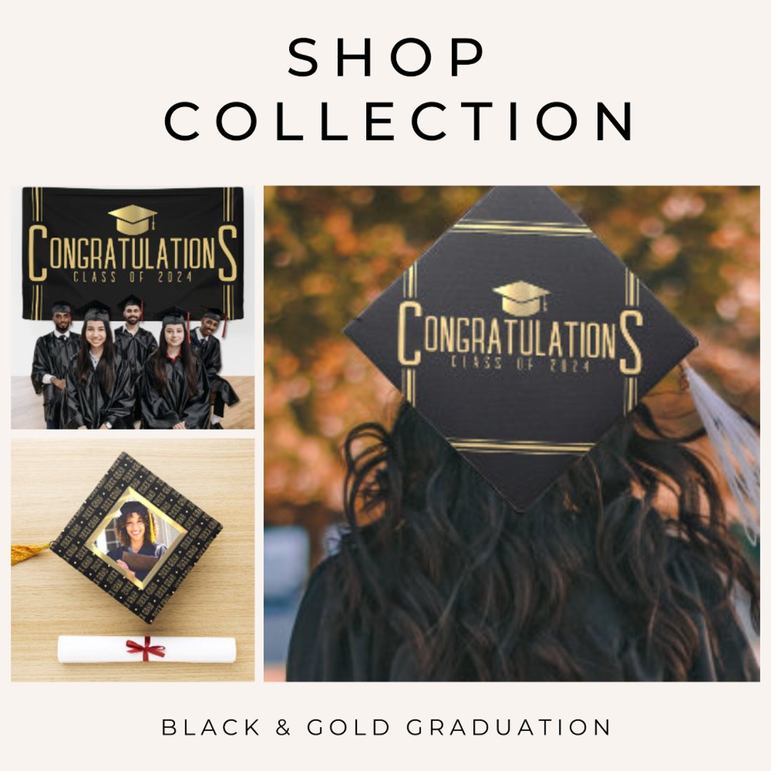 Black & Gold Beveled Photo Congratulations Graduation Cap Topper | Zazzle