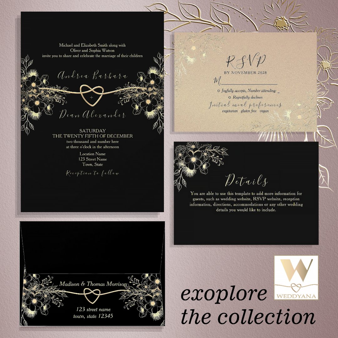 Elegant Black Gold Rope Heart Invitation | Zazzle