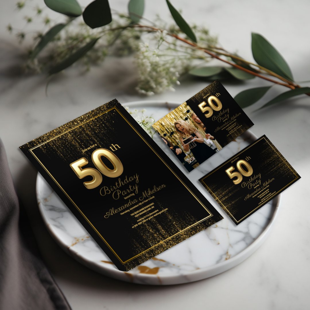 Black And Gold Typography Fifty 50th Birthday Invitation | Zazzle