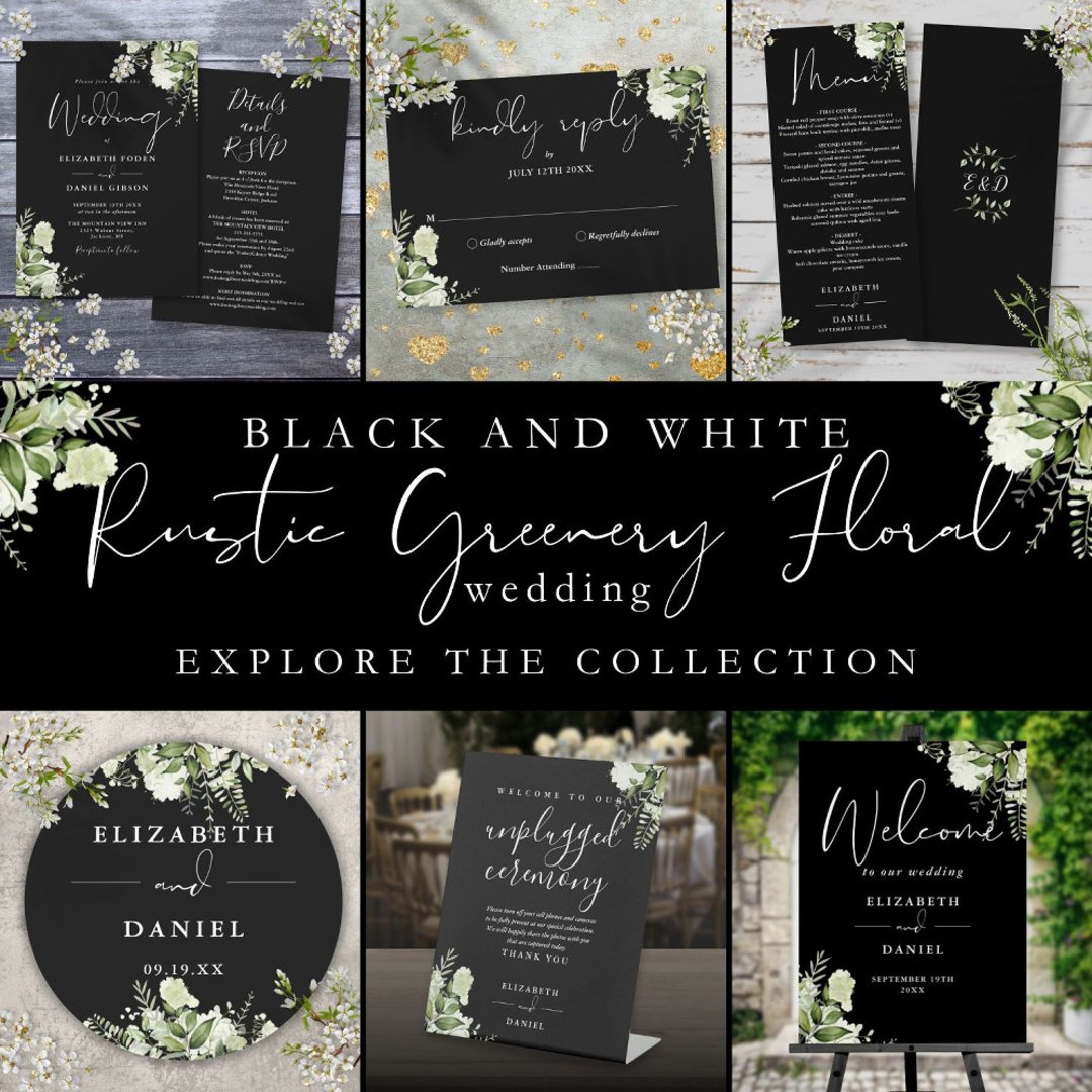 Black And White Greenery Floral QR Code Wedding Invitation | Zazzle