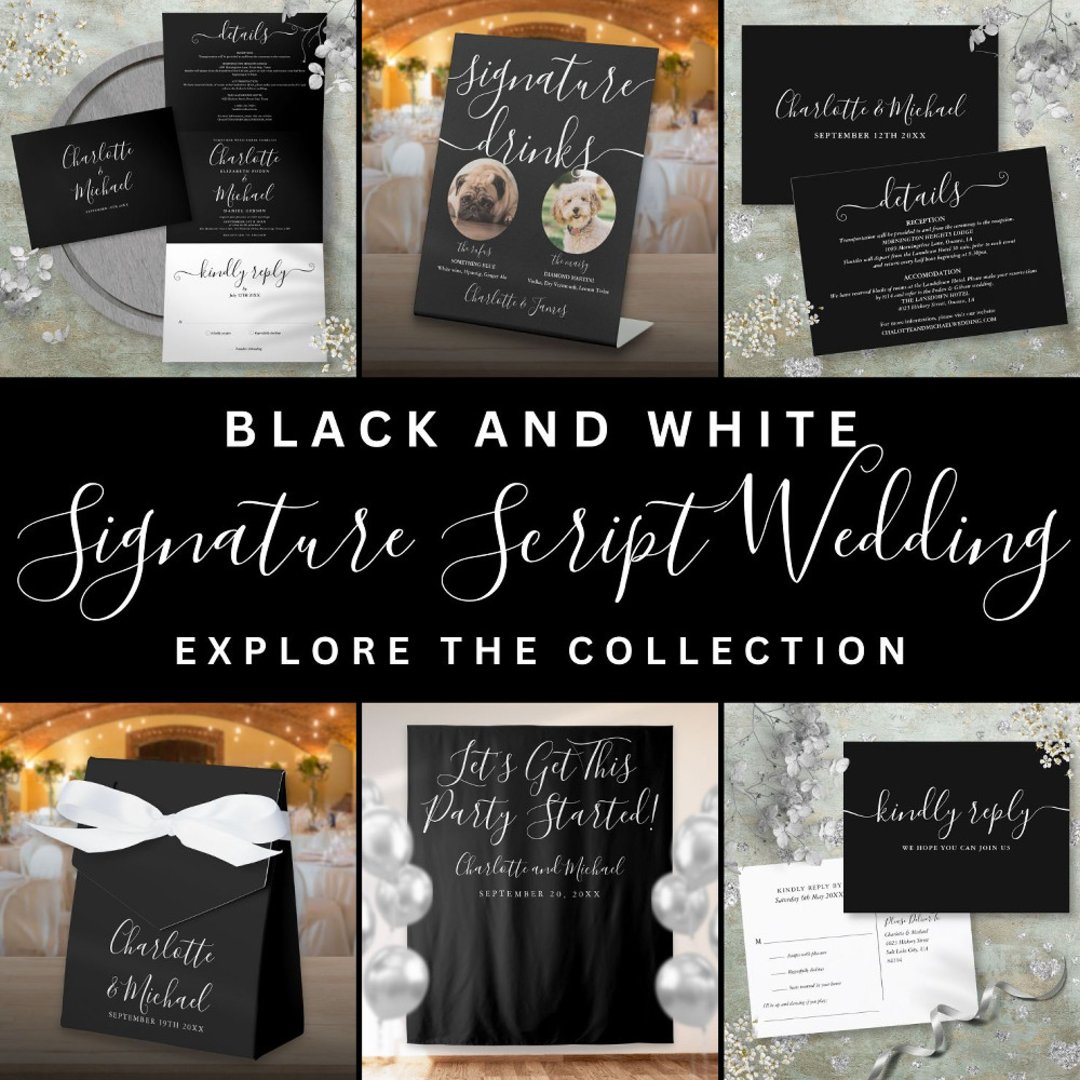 Modern Minimalist Black And White Script Wedding All In One Invitation ...