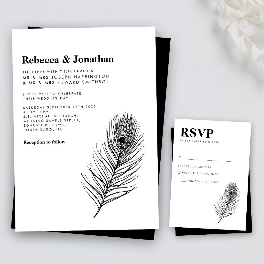 Budget Black Feather Wedding Invitation | Zazzle