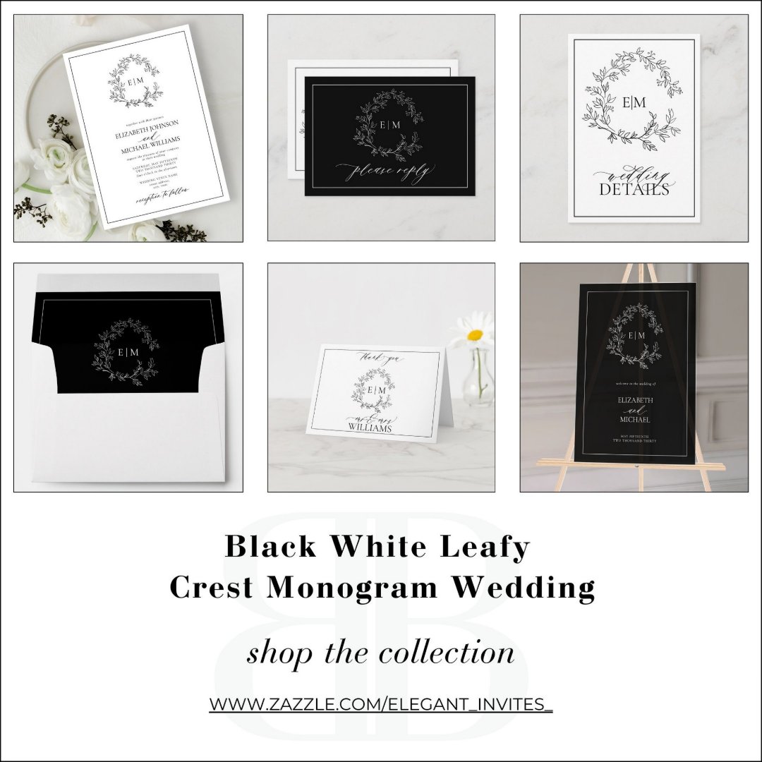 White Black Leafy Crest Monogram Photo Wedding Invitation | Zazzle