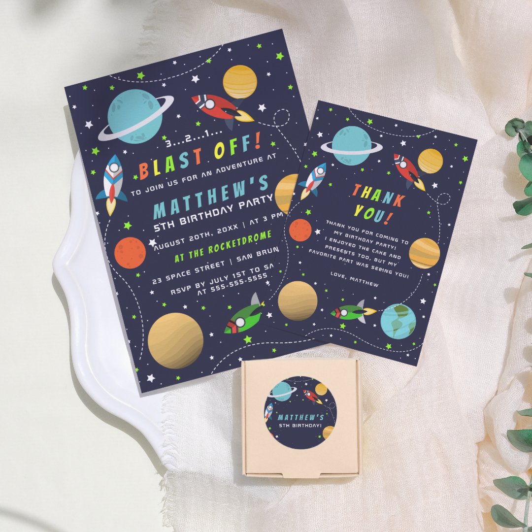 Blast Off! Outer Space Rocket Ship Birthday Party Invitation Postcard ...
