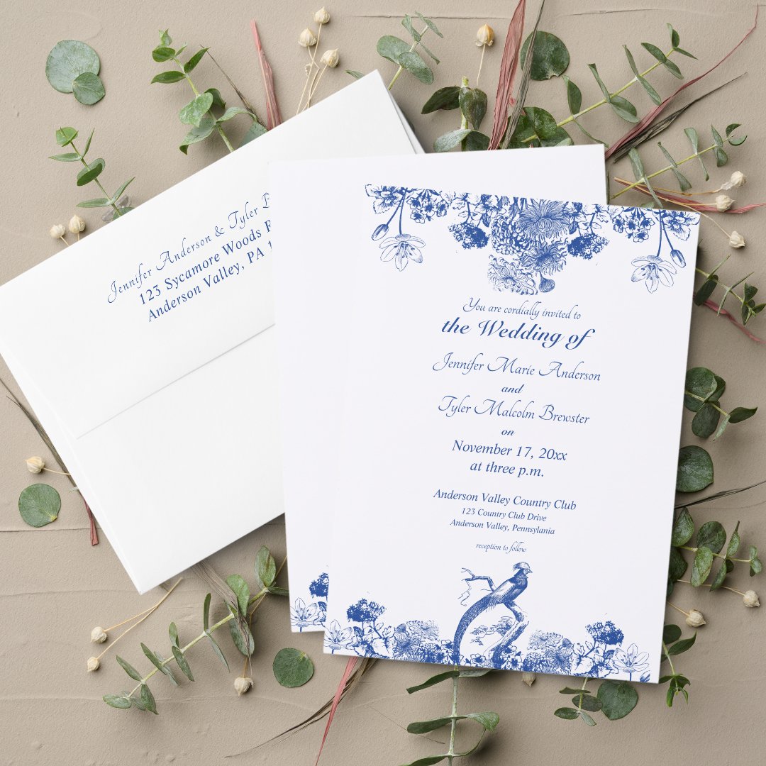 Blue and White Floral China Pattern Wedding Card | Zazzle