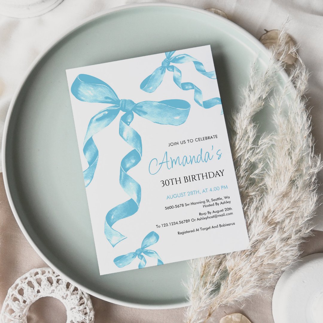 Blue Bow Birthday Invitation | Zazzle