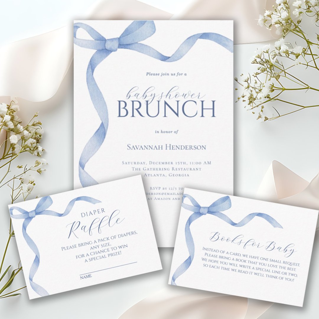 Blue Bow Ribbon Baby Shower Brunch Invitation | Zazzle