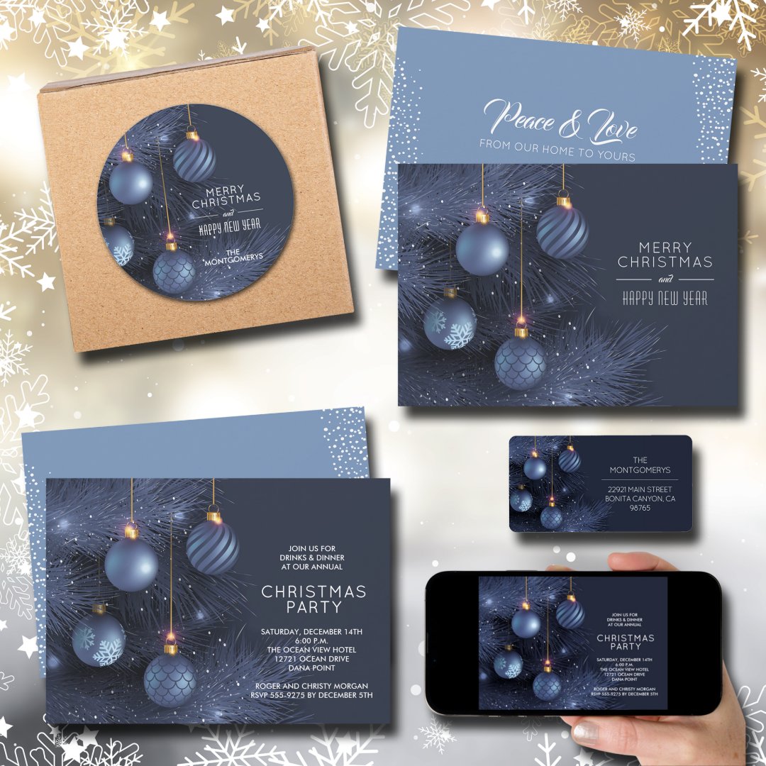 Blue Christmas Ornaments Business Holiday Card | Zazzle