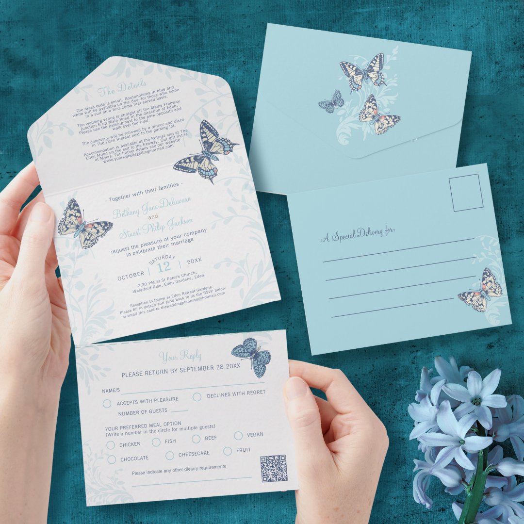 Wedding blue butterflies meal QR code details RSVP All In One ...